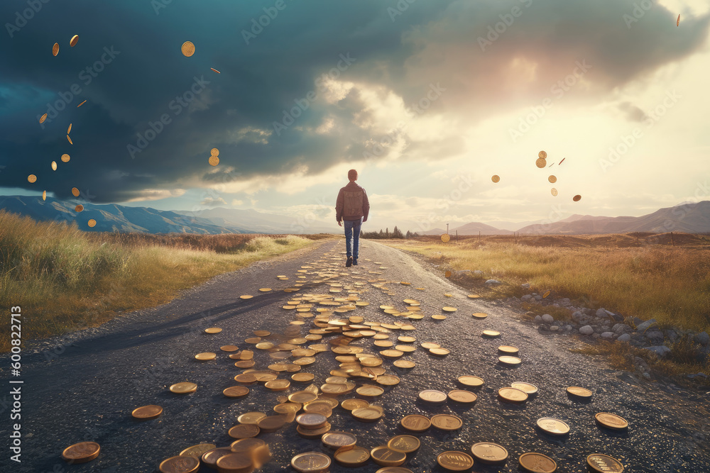 Back view of man walking down a path while it is raining money from ...