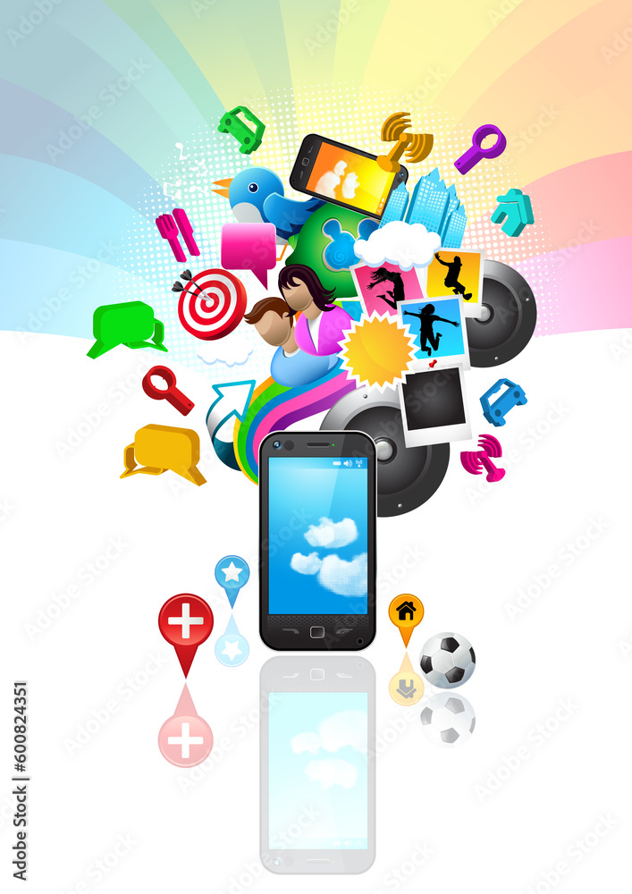 Mobile phone with lots of elements including people, icons and symbols ...