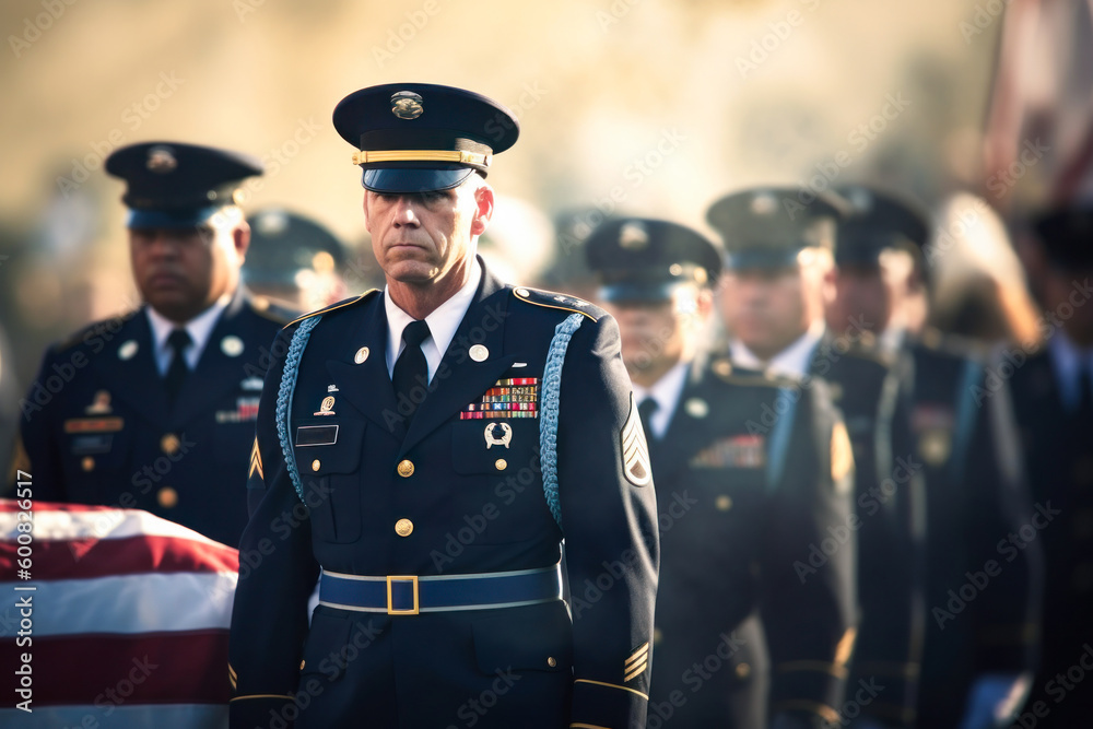Soldier marching alongside casket draped with USA flag, military ...