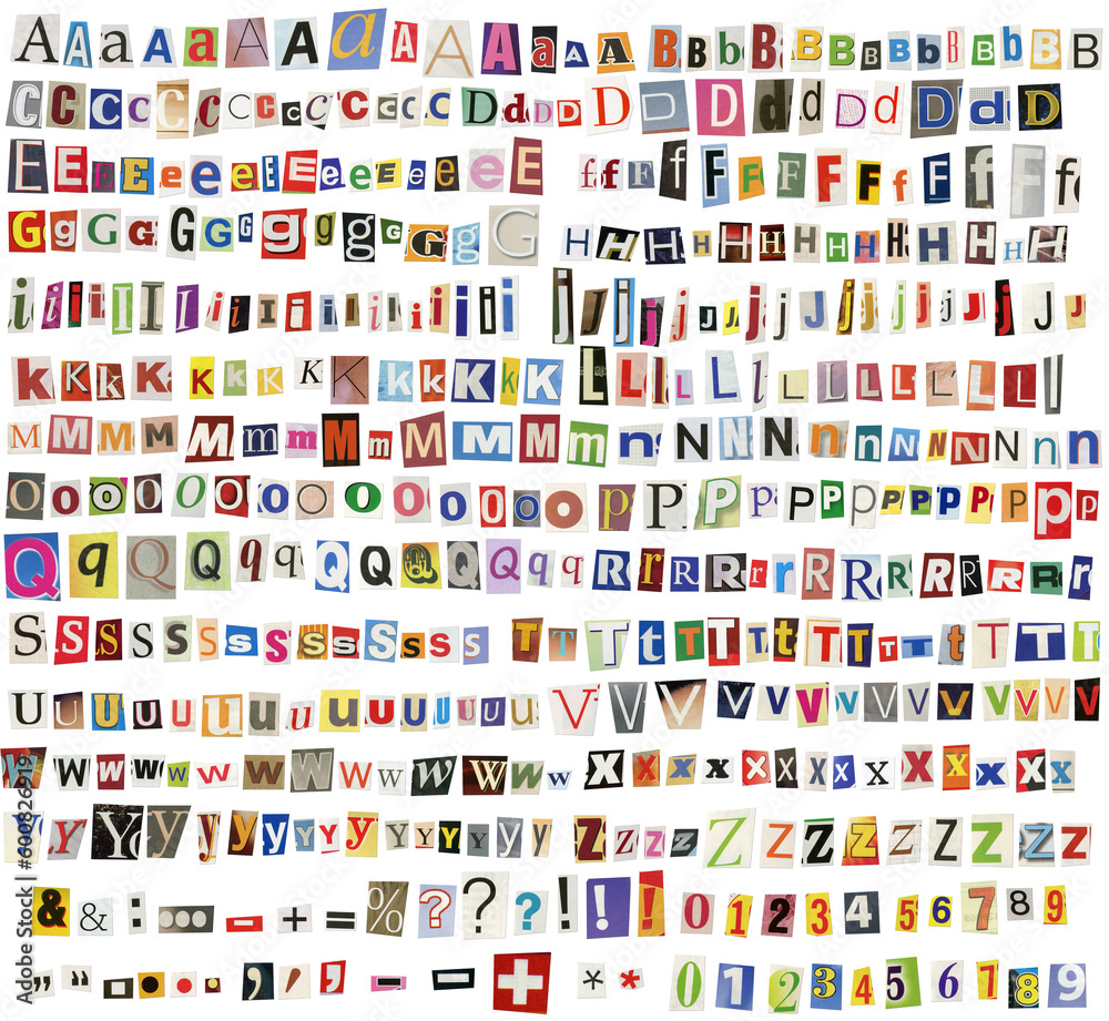 Newspaper, magazine alphabet with letters, numbers and symbols ...