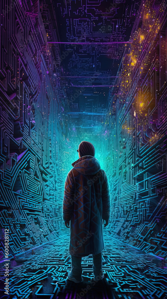 Hacker, villain hacker silhouette in dark nebula digital maze ...