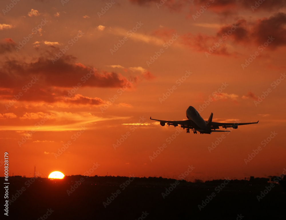 Boeing 747 Plane taking off at sunset time in The Netherlands. Typical ...