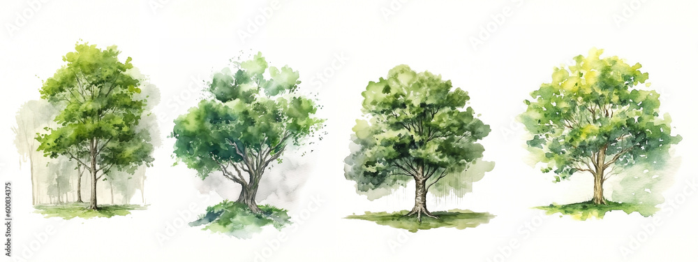 Watercolor trees symbols collection. Set of hand drawn trees isolated ...