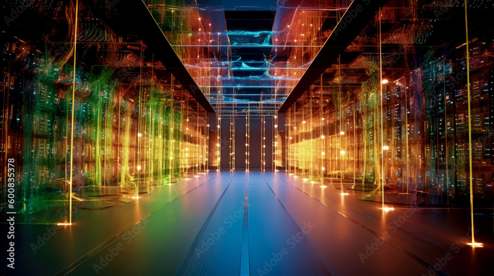 A data center with a long corridor and shiny lights, data storage ...