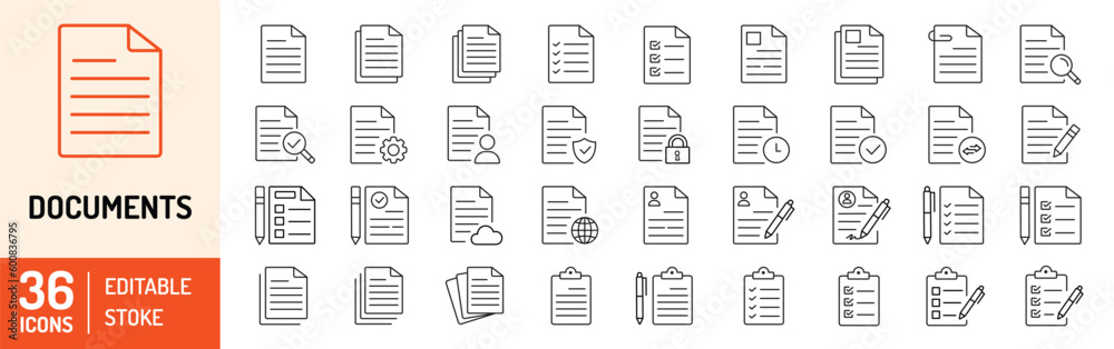 Document line icons set. Paper document, sheet, mark, folded paper and ...