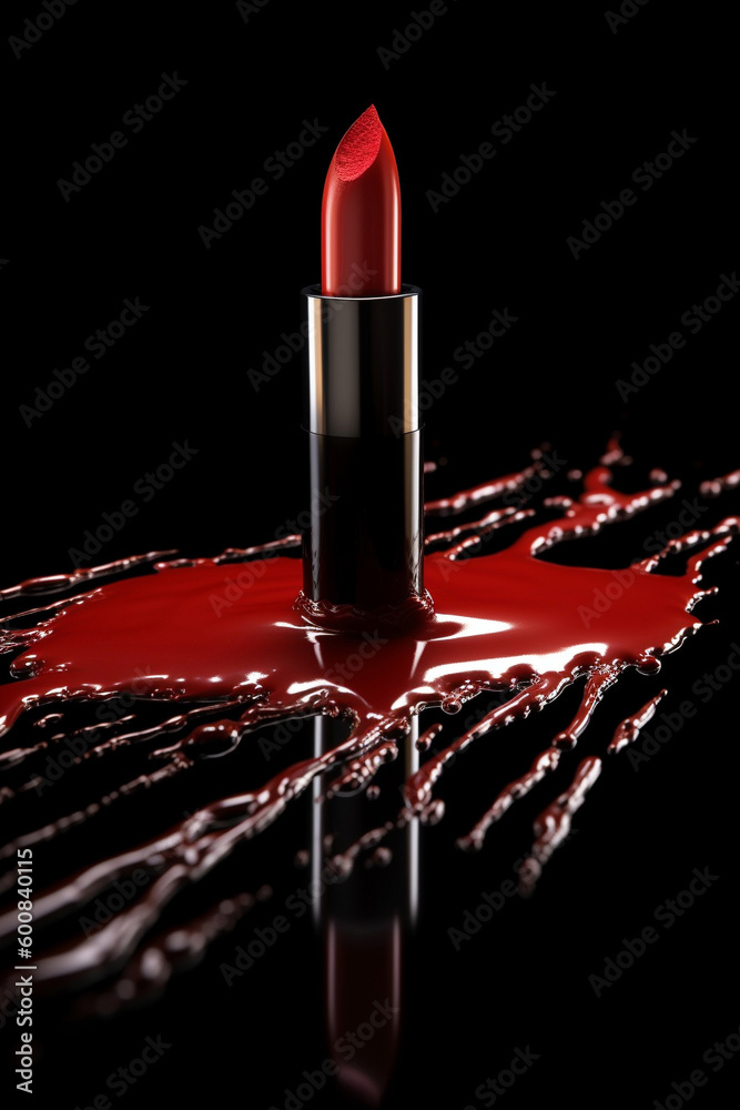 Red female lipstick mock up on a black mirror background with a liquid ...