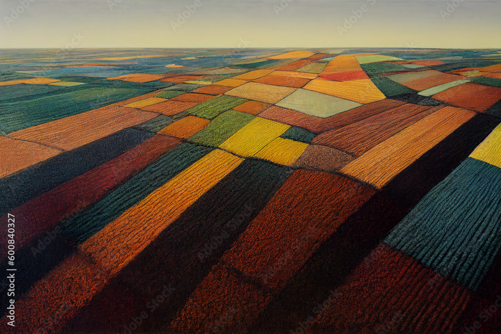 The aerial view of a colorful farmland depicts the beauty of ...