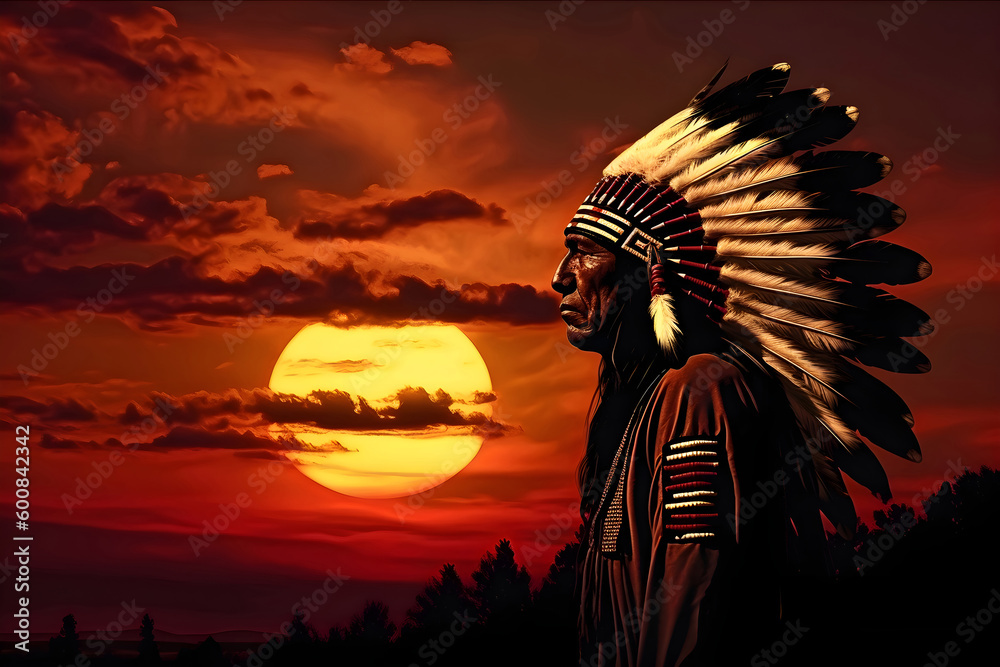native american indian chief at sunset art Stock Illustration | Adobe Stock