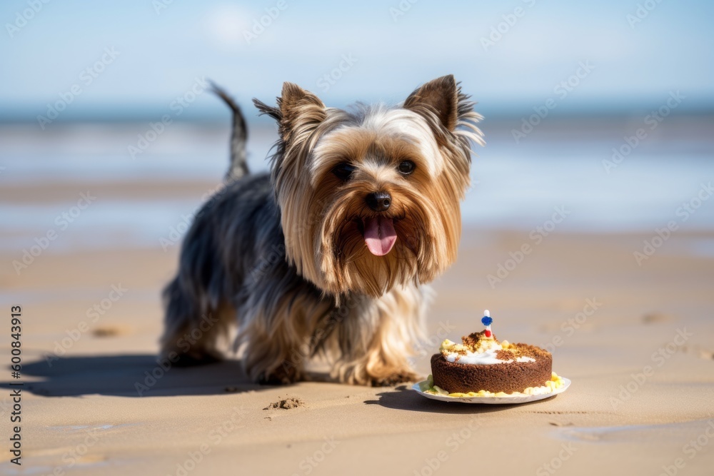 Full-length portrait photography of a happy yorkshire terrier eating a ...