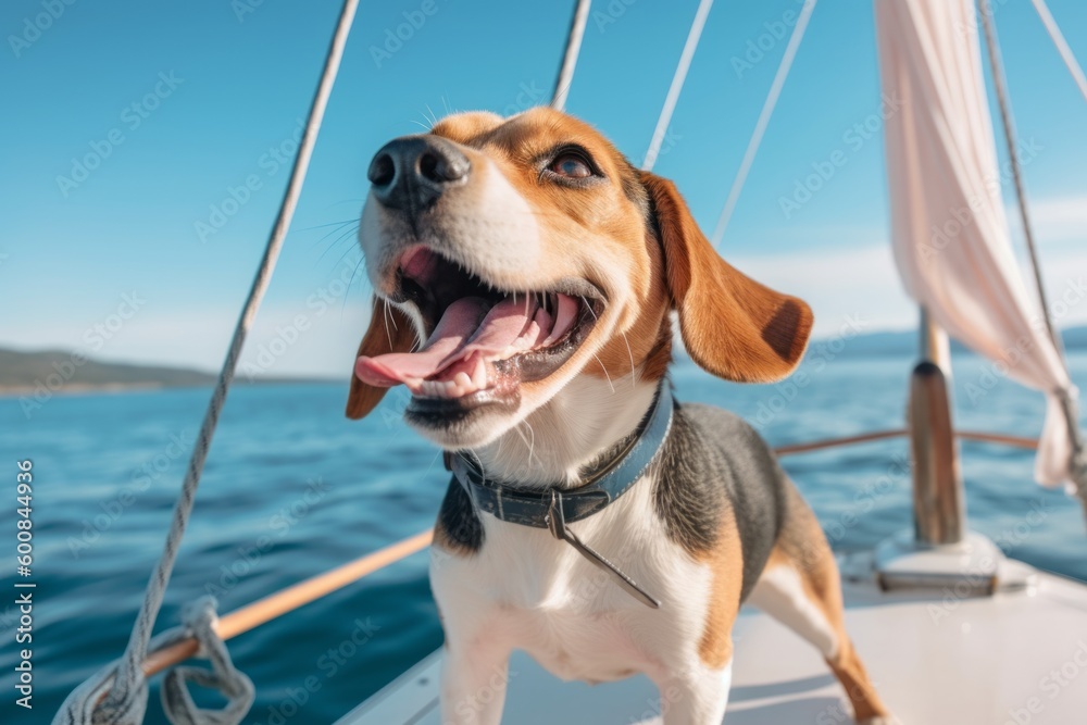 Lifestyle portrait photography of a happy beagle sailing on a sailboat ...