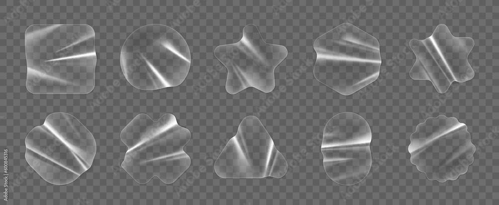 Realistic transparent plastic stickers, adhesive overlay patch. Clear ...