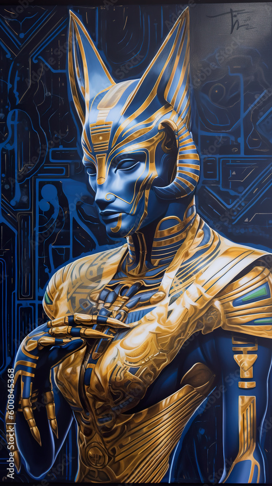 Anubis, the egyptian god of the underworld in gold and blue metallic ...