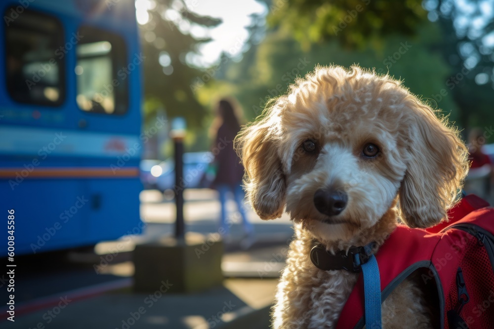 Medium shot portrait photography of a curious poodle waiting with a ...