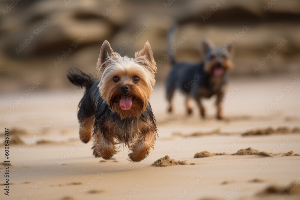 Group portrait photography of a curious yorkshire terrier chasing his ...