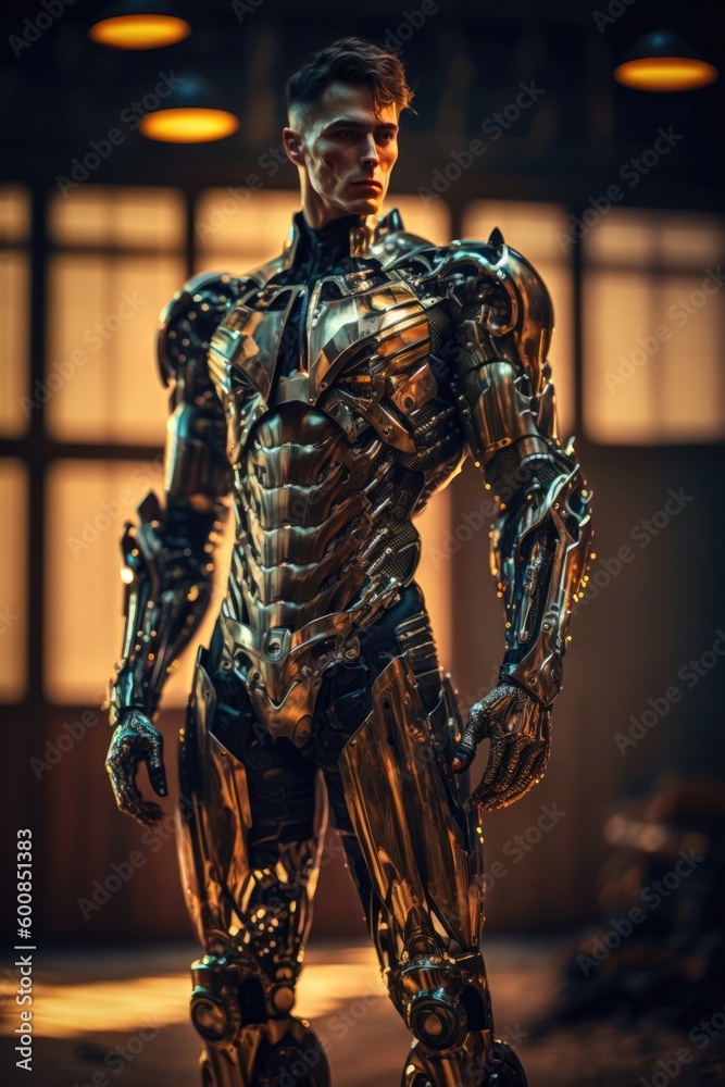 Full length portrait of a handsome male cyborg in a dark room ...