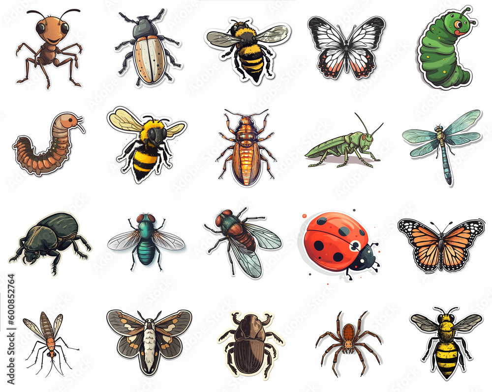 Cartoon stickers of different types of insects over white background ...