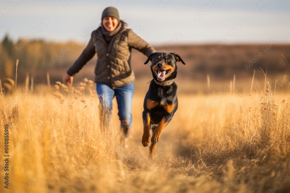 Lifestyle portrait photography of a curious rottweiler dancing with the ...