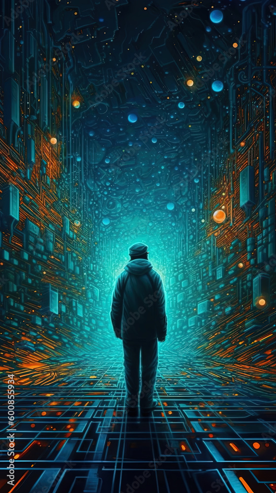 Hacker, villain hacker silhouette in dark nebula digital maze ...