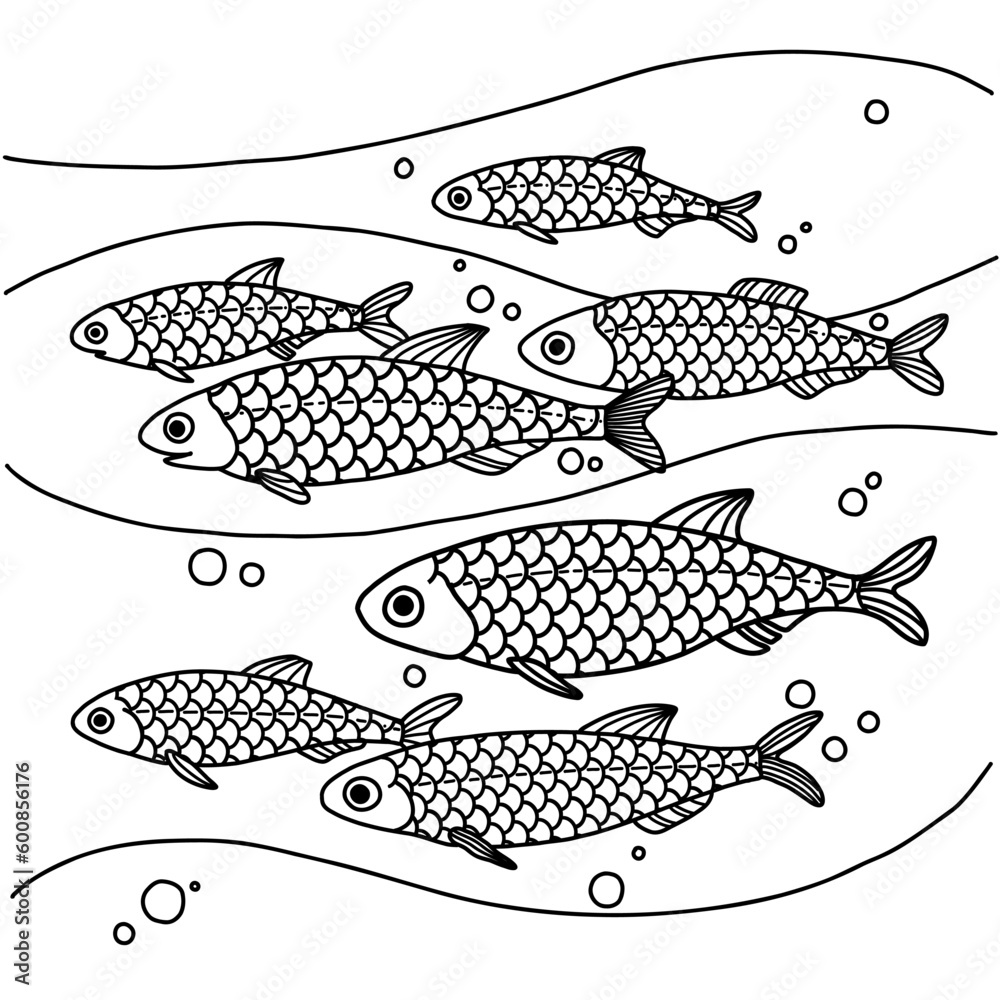 Anchovy fish swimming in the sea. Coloring page for kids. Black and ...