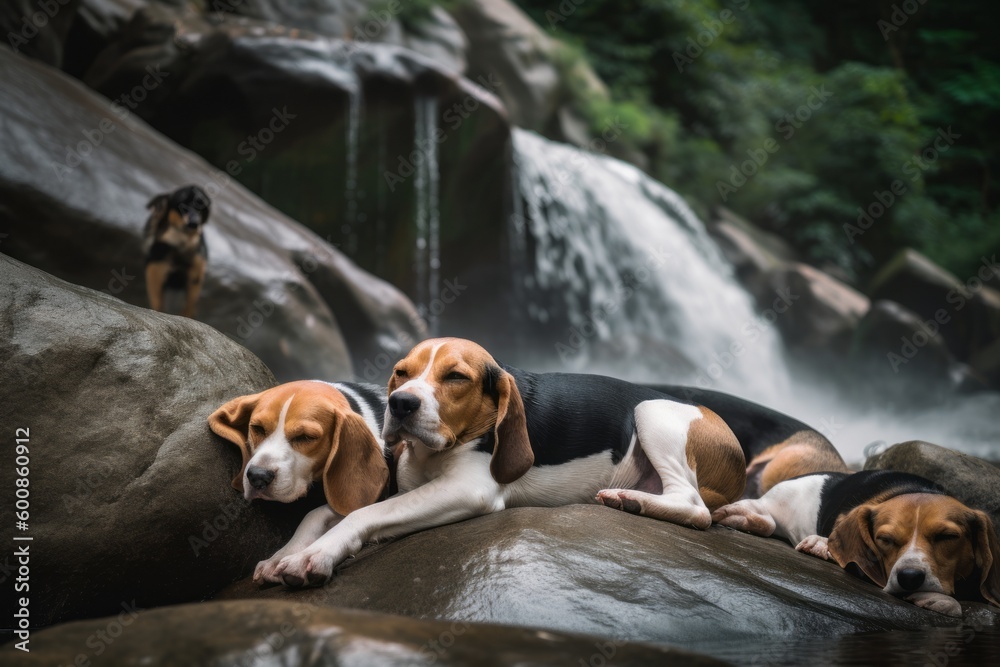 Group portrait photography of a happy beagle sleeping against ...