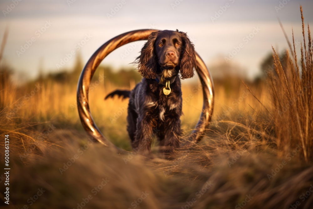 Lifestyle portrait photography of an aggressive cocker spaniel using a hula hoop against ...