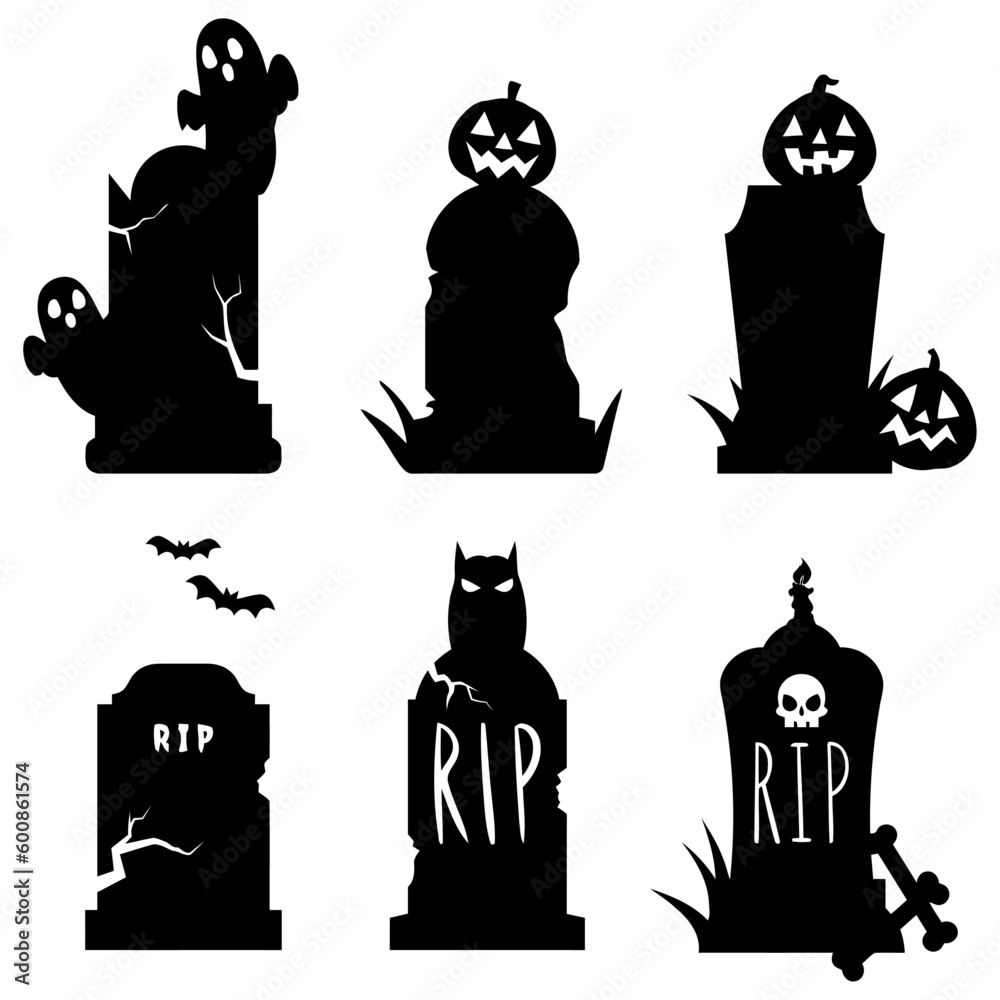 Set of 6 Tombstone Clipart Vector Silhouettes for Halloween Design ...