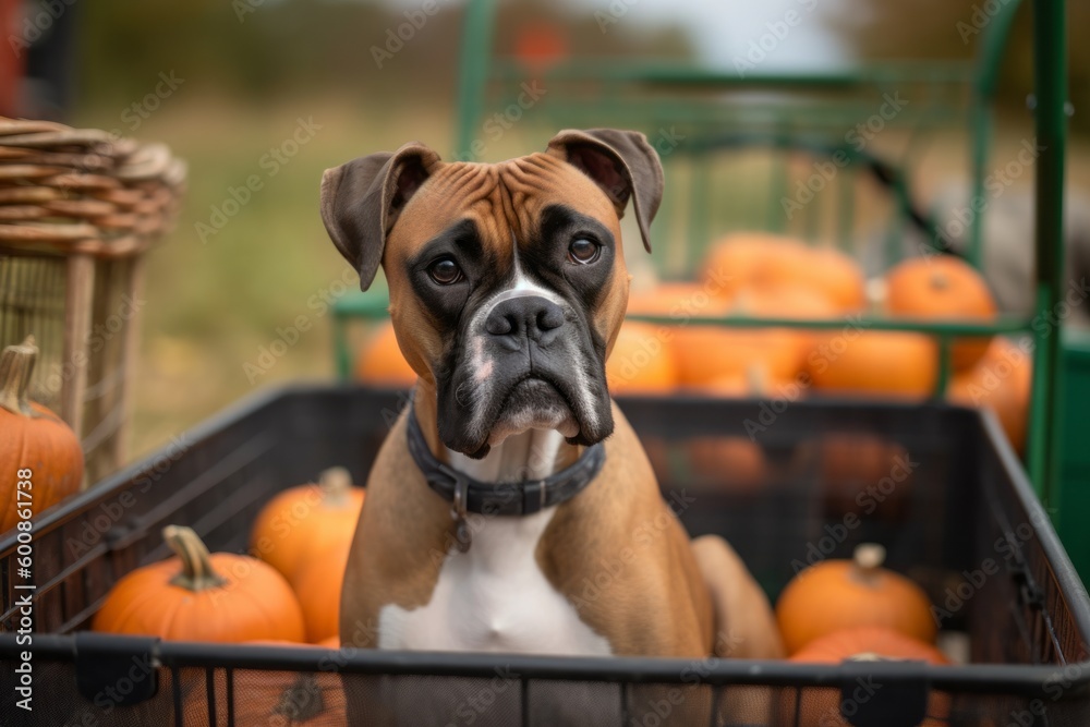 Group portrait photography of a happy boxer sitting in a shopping cart ...