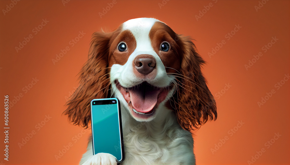 Happy smiling smart dog holding smartphone solid color background. Ai ...