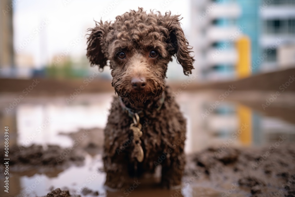 Medium shot portrait photography of an aggressive poodle playing in a ...
