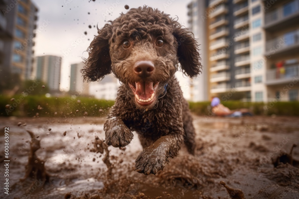 Medium shot portrait photography of an aggressive poodle playing in a ...