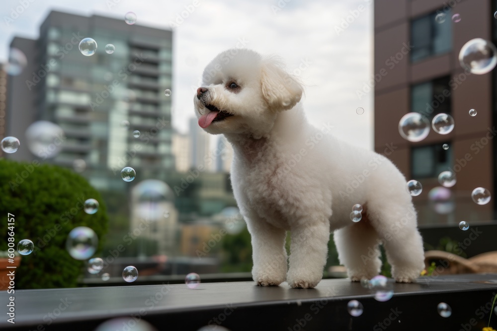 Lifestyle portrait photography of a bored bichon frise playing with ...