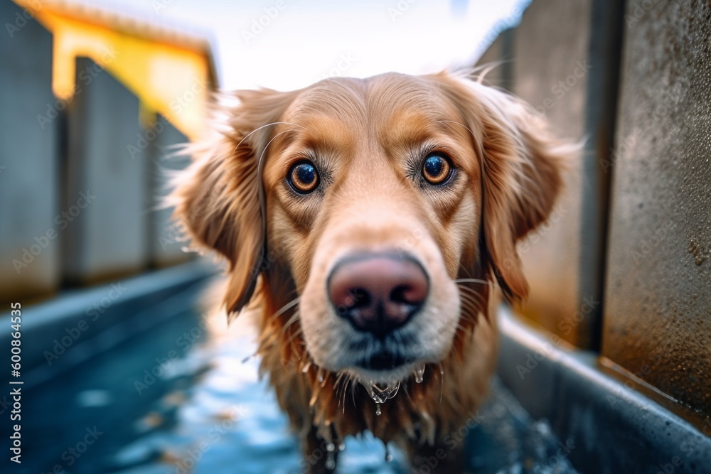 Medium shot portrait photography of a curious golden retriever being ...
