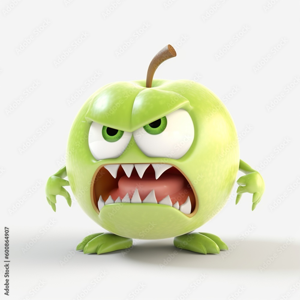 An illustration of a scary apple cartoon character with big eyes and an ...
