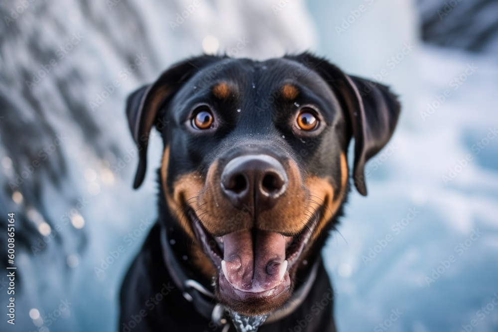 Lifestyle portrait photography of a happy rottweiler having a butterfly ...