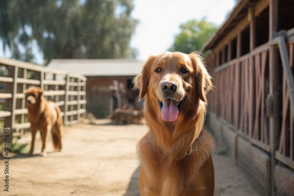 Medium shot portrait photography of a happy golden retriever giving the ...