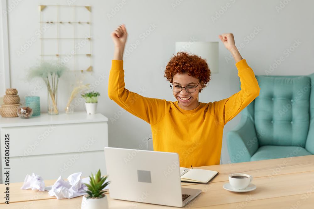 Excited happy african american woman euphoric winner. Girl student ...