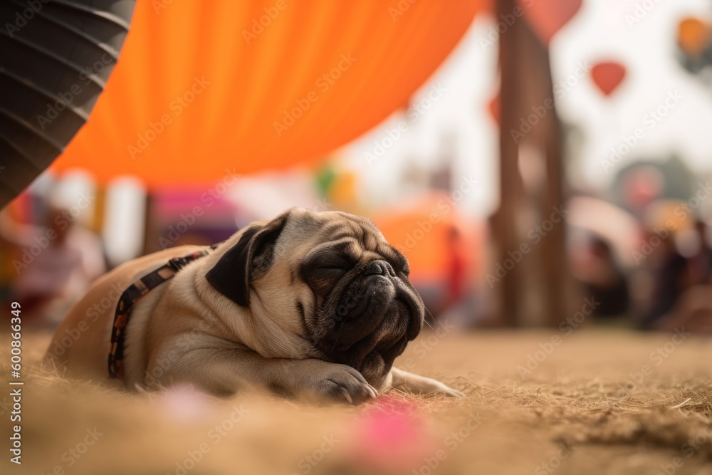 Full-length portrait photography of a curious pug sleeping against kite ...