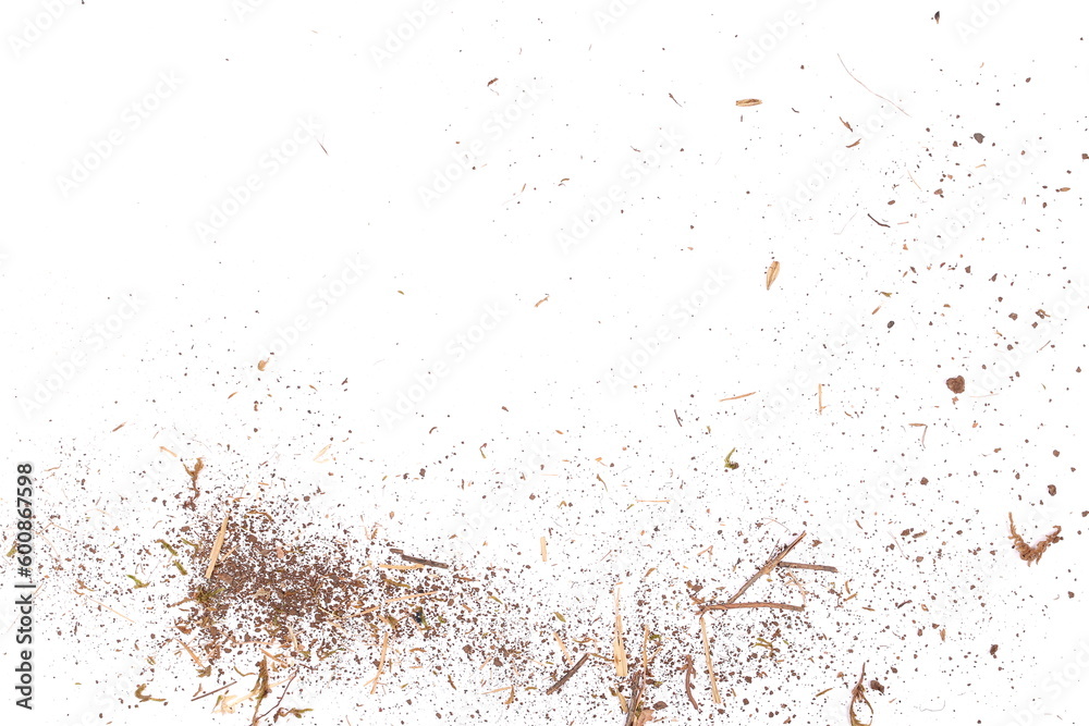 Dirt, soil dust, dry grass isolated on white background, with clipping ...