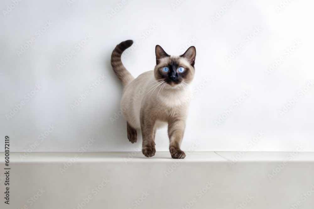 Full-length portrait photography of a smiling siamese cat climbing ...