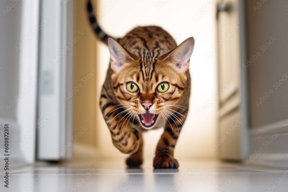 Lifestyle portrait photography of an angry bengal cat pouncing against ...