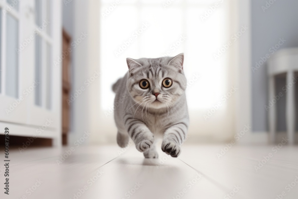 Lifestyle portrait photography of a curious scottish fold cat hopping ...
