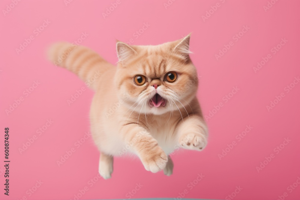 Lifestyle portrait photography of an angry exotic shorthair cat hopping ...