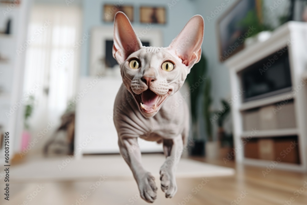 Medium shot portrait photography of a smiling sphynx cat sprinting ...