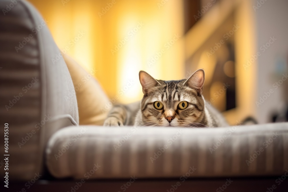 Conceptual portrait photography of a happy manx cat skulking against a ...