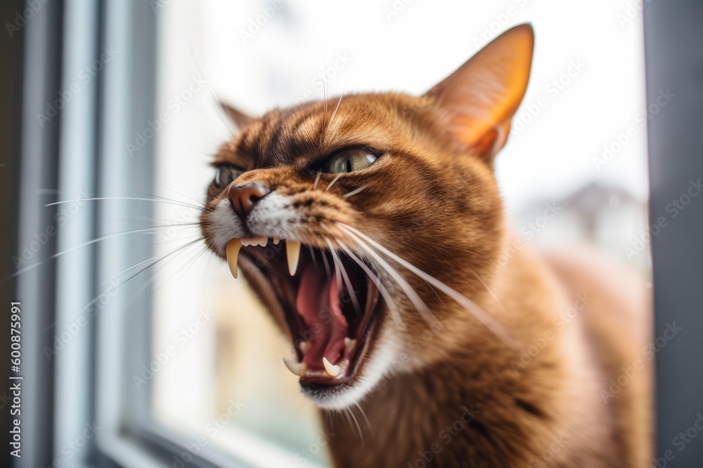 Lifestyle portrait photography of an angry abyssinian cat growling ...