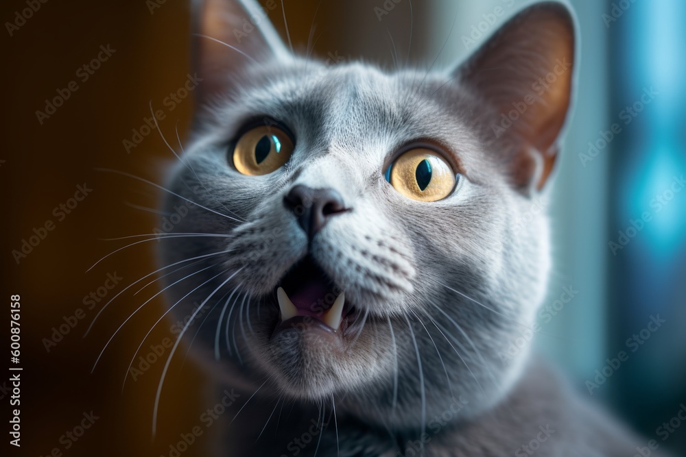 Headshot portrait photography of a curious russian blue cat meowing ...