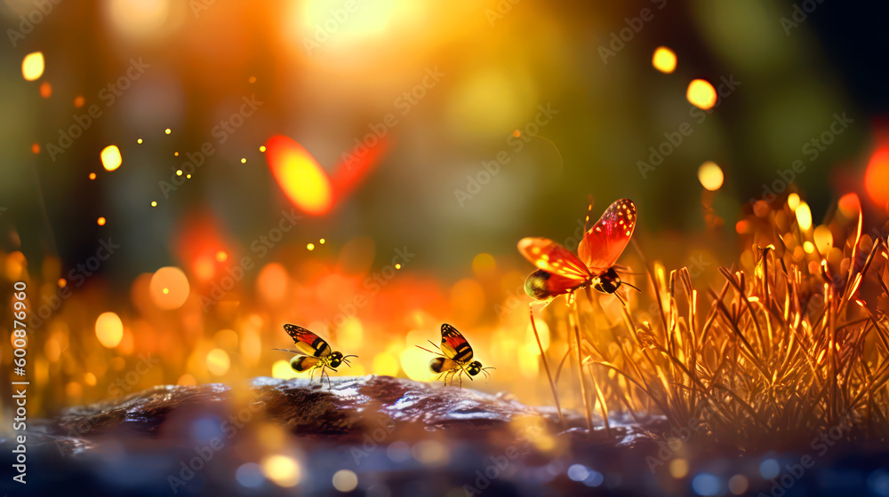 Magical bokeh effect image of fireflies dancing in the dark, with the ...