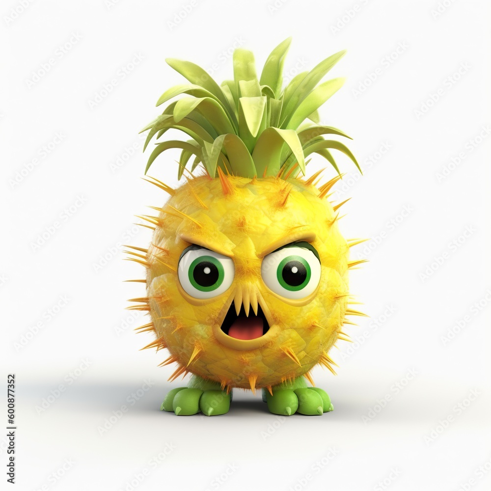 A 3D illustration of an angry pineapple cartoon character with big eyes ...