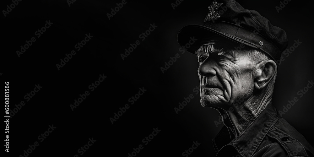 Black and white photorealistic studio portrait of a military veteran on ...