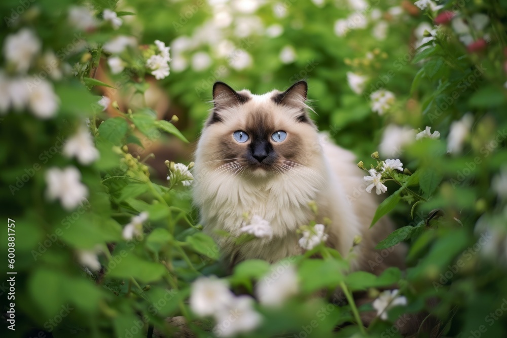 Conceptual portrait photography of a smiling ragdoll cat skulking ...